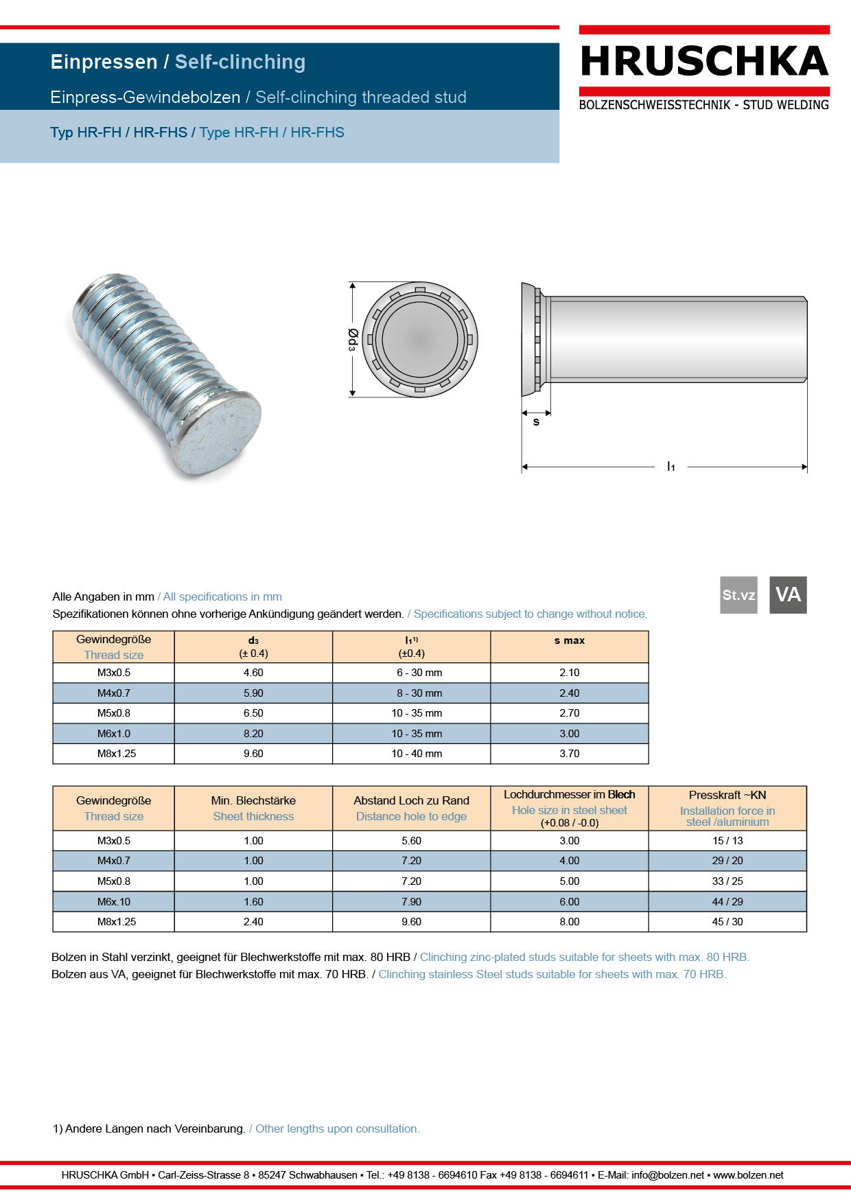 Einpressgewindebolzen HR-FHS M 8x25 Edelstahl